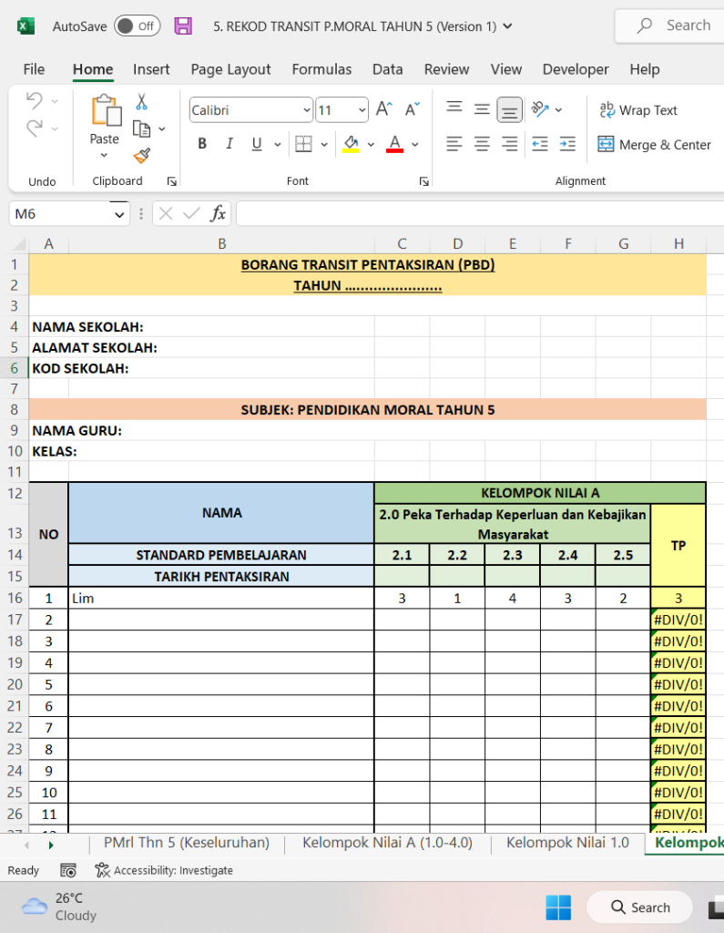 Borang Transit PBD Pendidikan Moral Tahun 5 SK | BT PMoral RPH Rozayus Academy