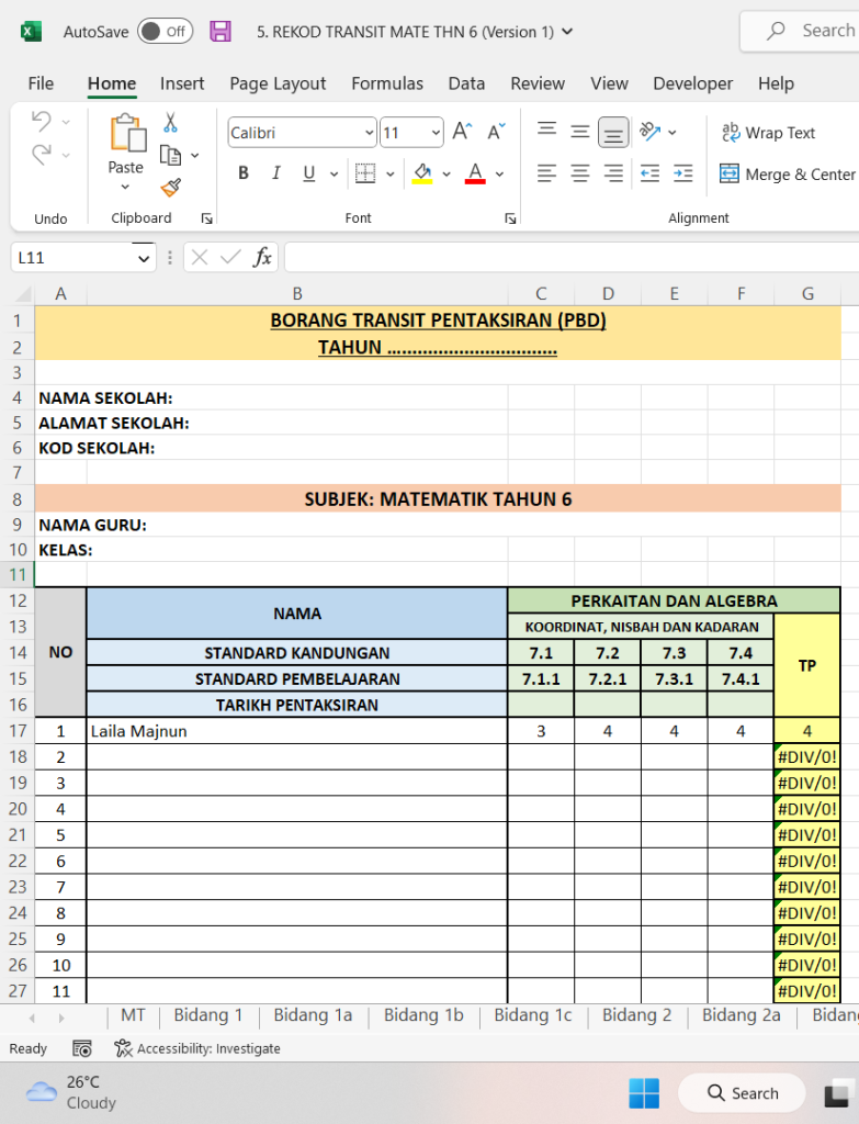 Borang Transit PBD Matematik Tahun 6 SK | BT MT RPH Rozayus Academy