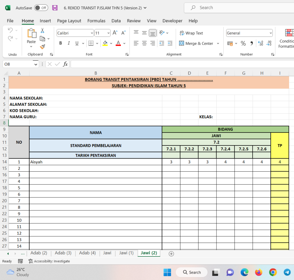 Borang Transit PBD Pendidikan Islam Tahun 5 SK | BT PAI RPH Rozayus Academy