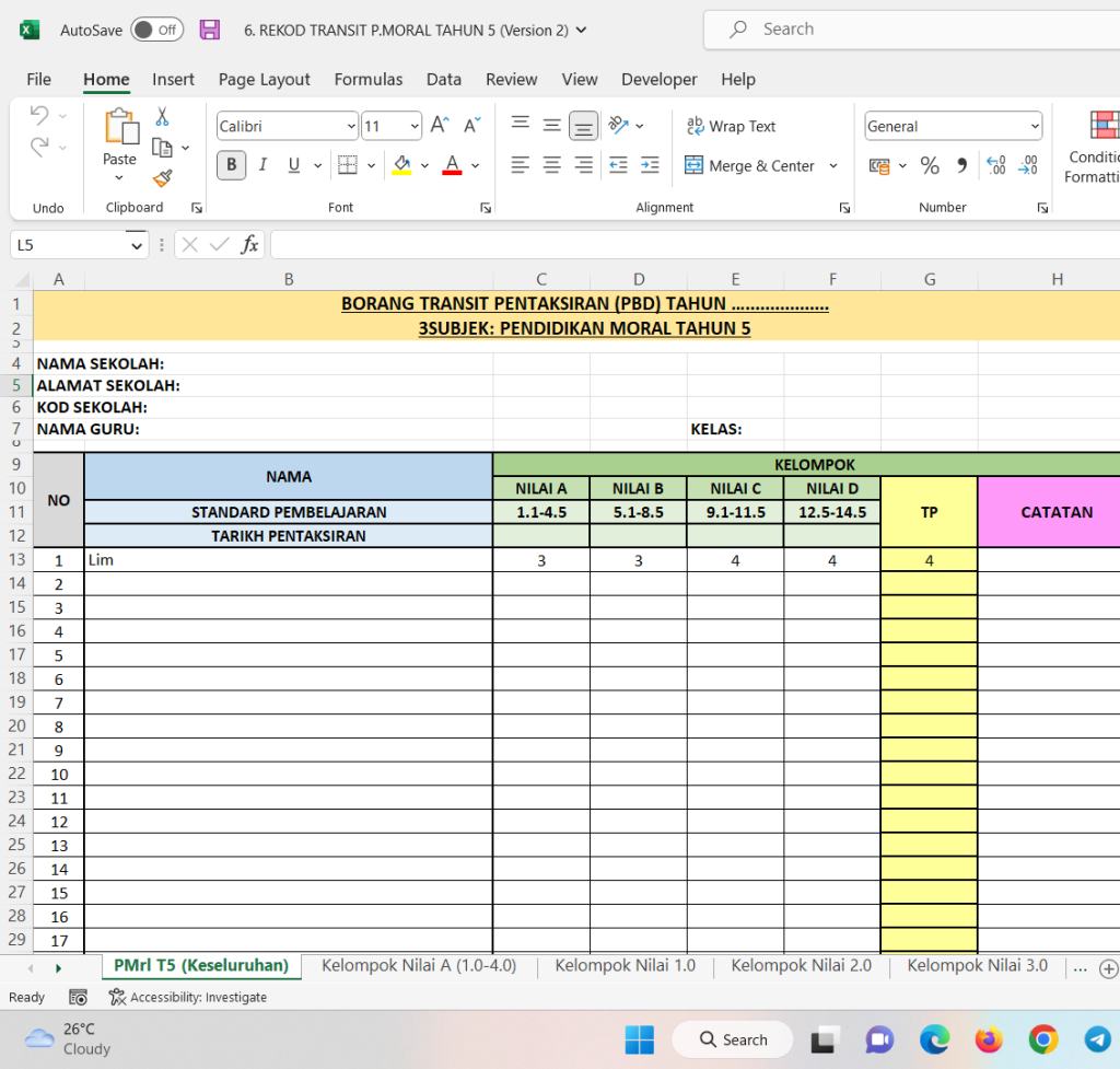 Borang Transit PBD Pendidikan Moral Tahun 5 SK | BT PMoral RPH Rozayus Academy