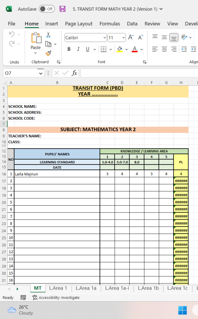 Borang Transit PBD Mathematics Year 2 SK | BT MT DLP RPH Rozayus Academy