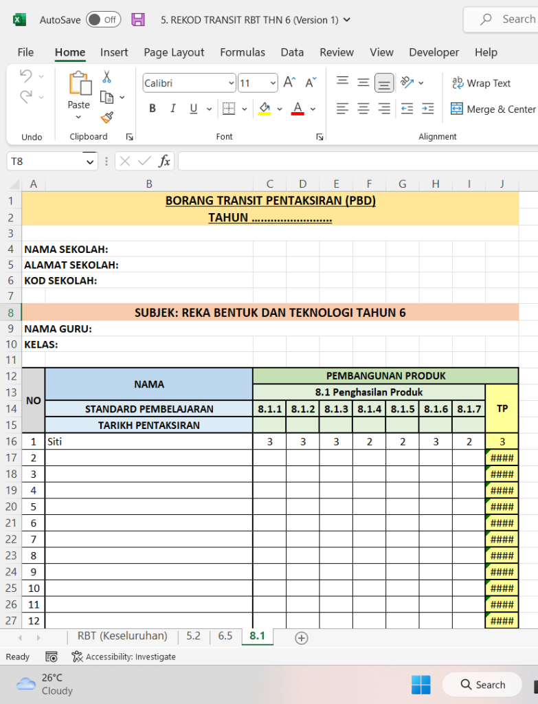 Borang Transit PBD Reka Bentuk dan Teknologi Tahun 6 SK | BT RBT RPH ...