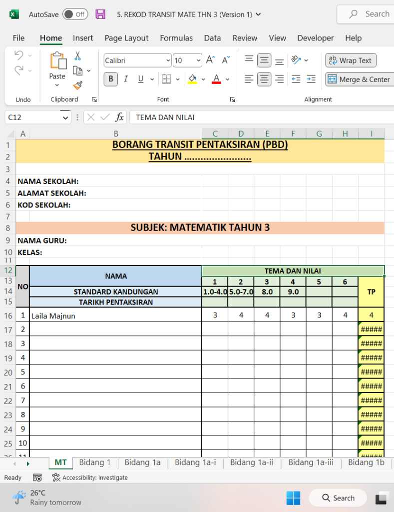Borang Transit PBD Matematik Tahun 3 SK | BT MT RPH Rozayus Academy
