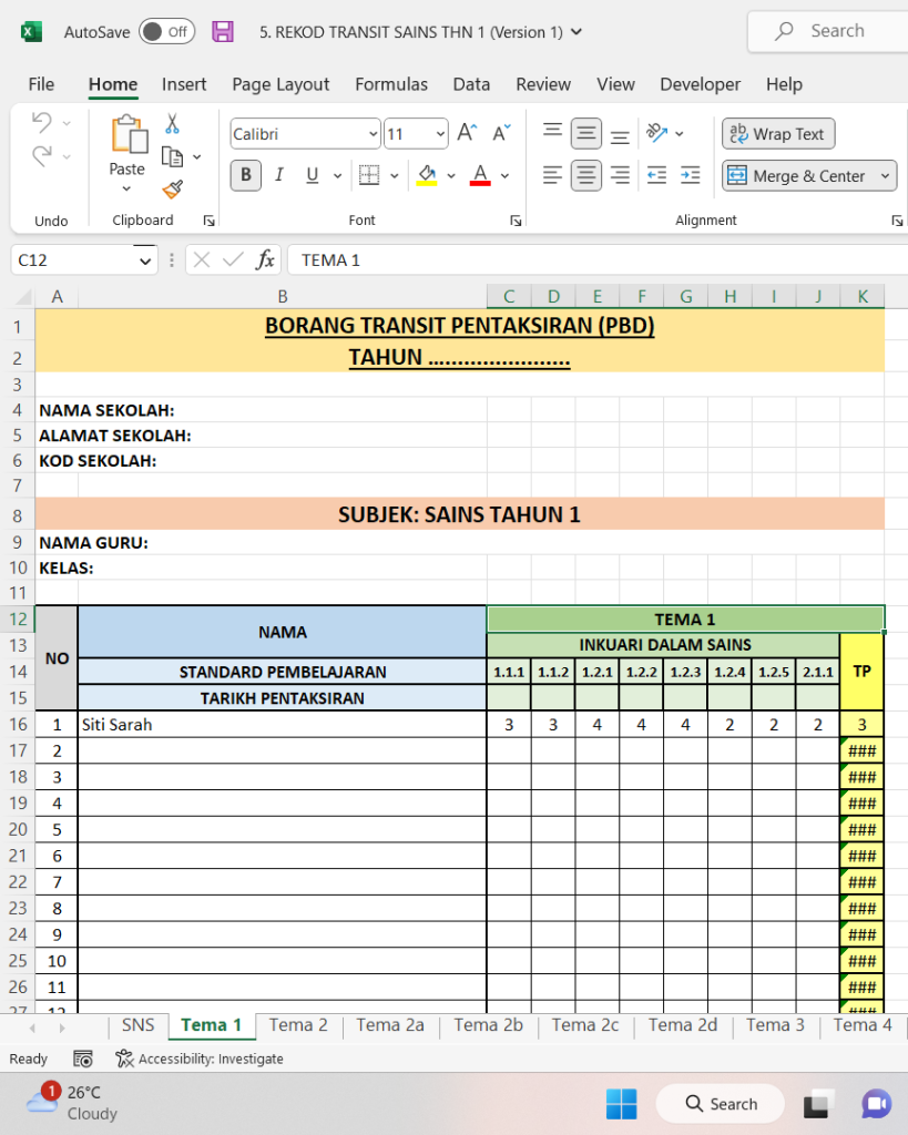 Borang Transit PBD Sains Tahun 1 SK | BT SN RPH Rozayus Academy