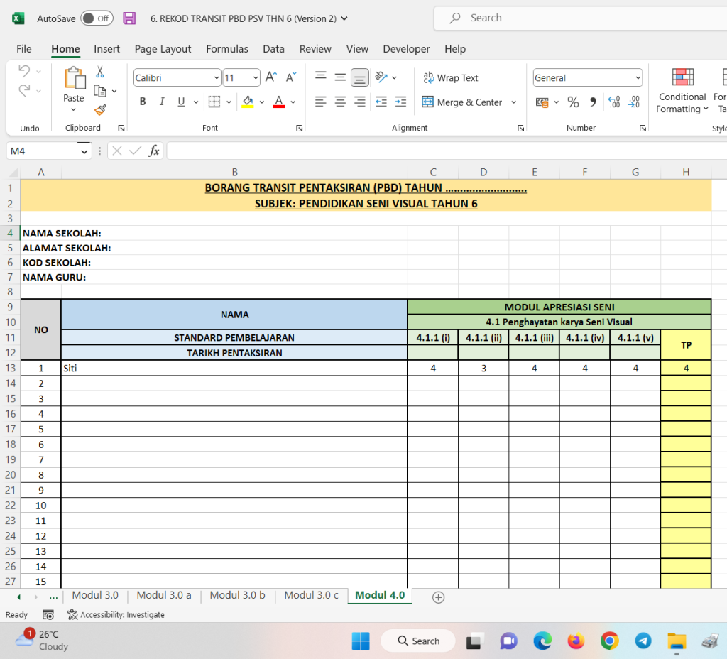 Borang Transit PBD Pendidikan Seni Visual Tahun 6 SK | BT PSV RPH Rozayus Academy