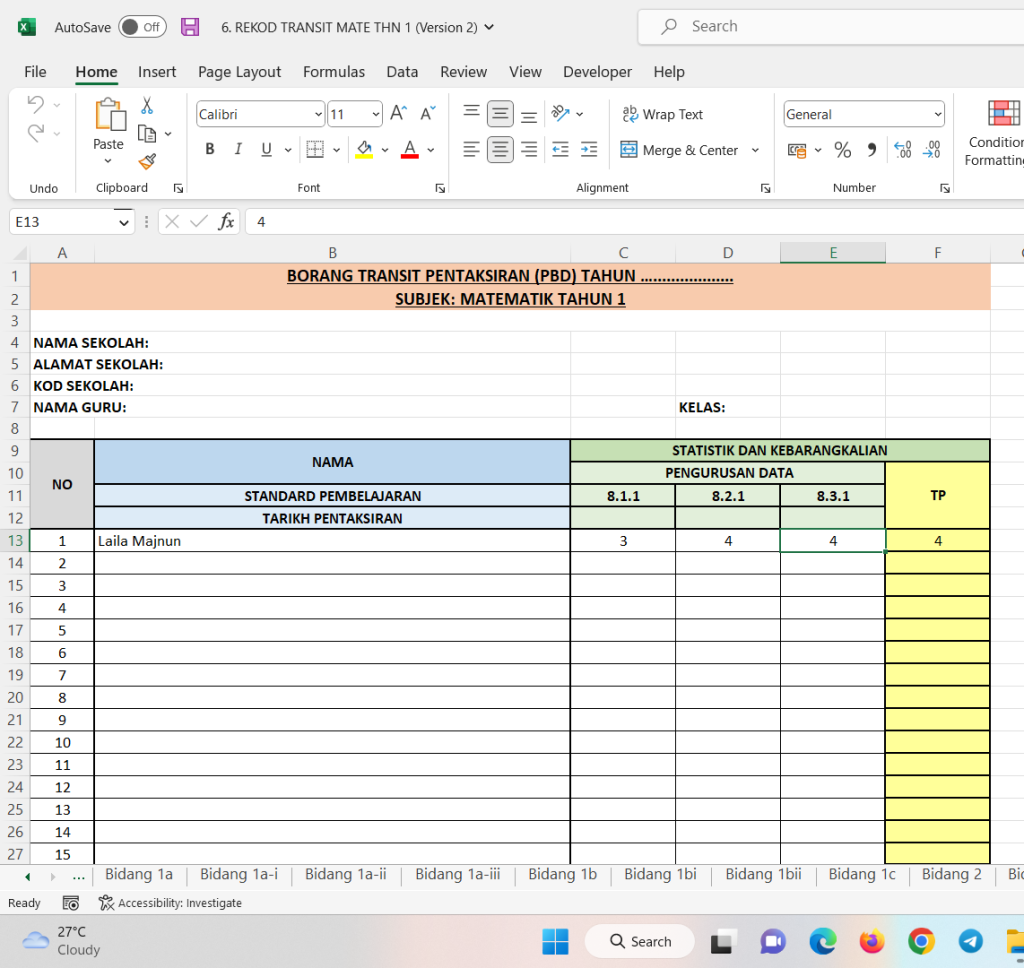 Borang Transit PBD Matematik Tahun 1 SK | BT MT RPH Rozayus Academy