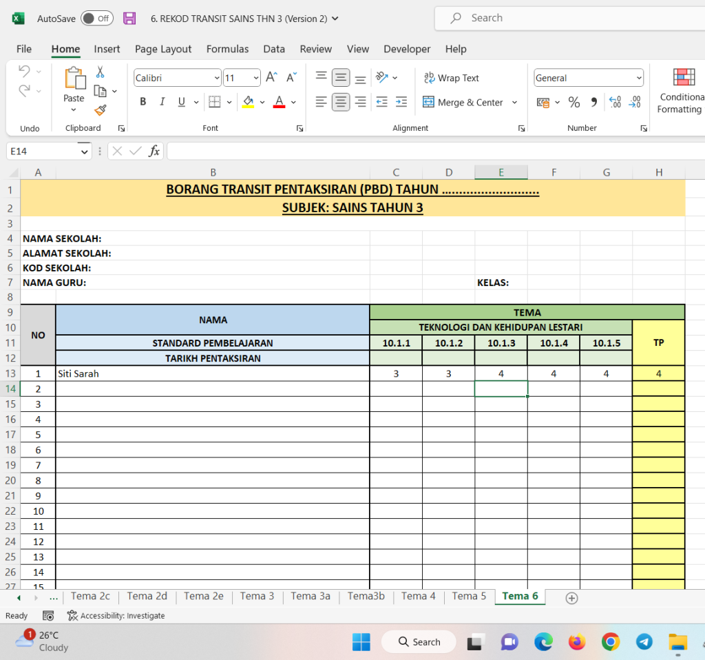 Borang Transit PBD Sains Tahun 3 SK | BT SN RPH Rozayus Academy