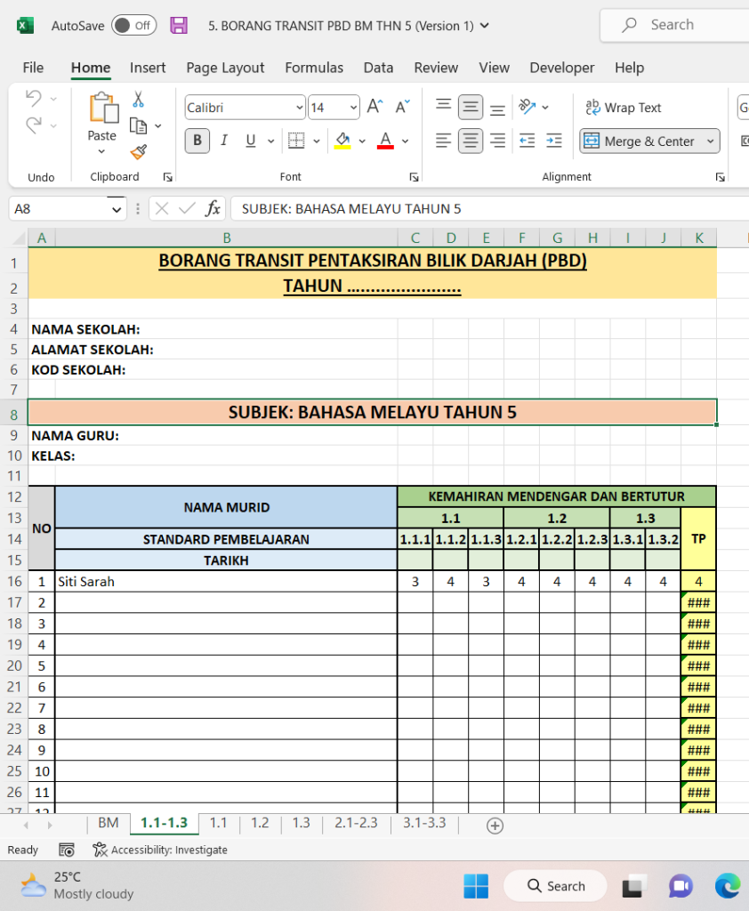 Borang Transit PBD BM Tahun 5 SK | BT BM RPH Rozayus Academy