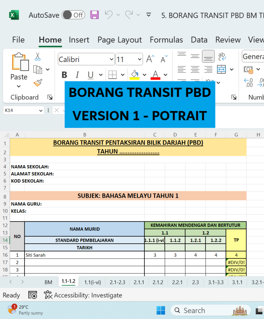Borang Transit PBD BM Tahun 1 SK | BT BM RPH Rozayus Academy