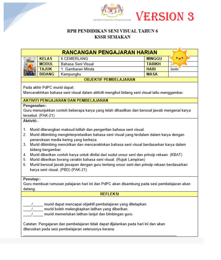 RPH Pendidikan Seni Visual Tahun 6 2025/2026 - Version 3 (RPH 3E) | Pendidikan Seni Visual, RPH ...