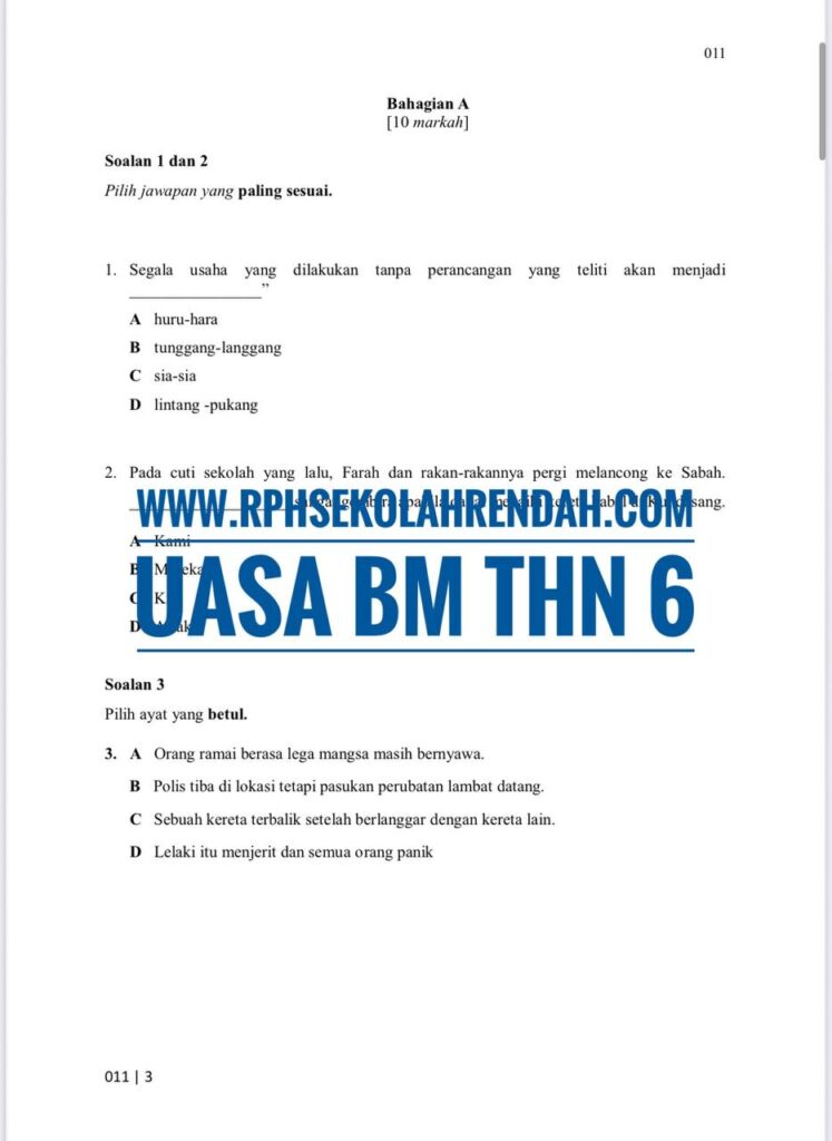 UASA - Bahasa Melayu Tahun 6 2025/2026 (Set 1C) | Koleksi Soalan, Soalan BM Tahun 6, UASA BM RPH ...