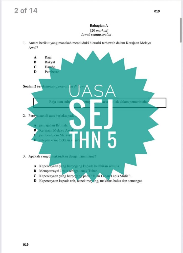 UASA - Sejarah Tahun 5 2025/2026 (Set 1A - JSI + JSU) | Koleksi Soalan, Soalan Sejarah Tahun 5 ...