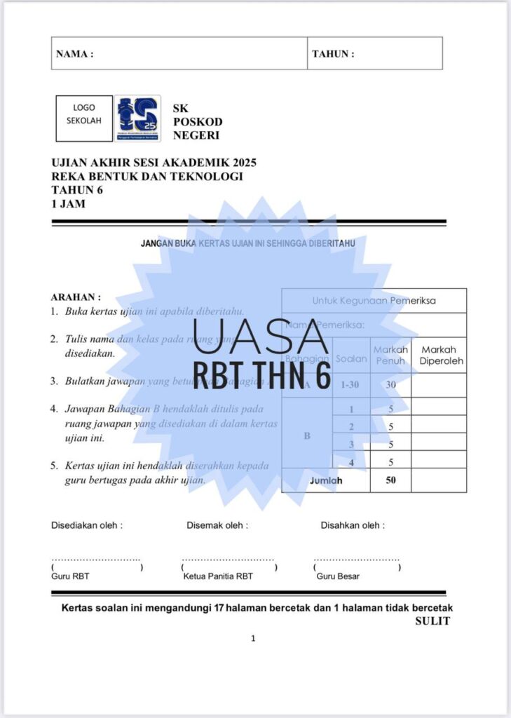 UASA - RBT Tahun 6 2025/2026 (Set 1A- JSU) | Koleksi Soalan, Soalan RBT Tahun 6, UASA RBT RPH ...