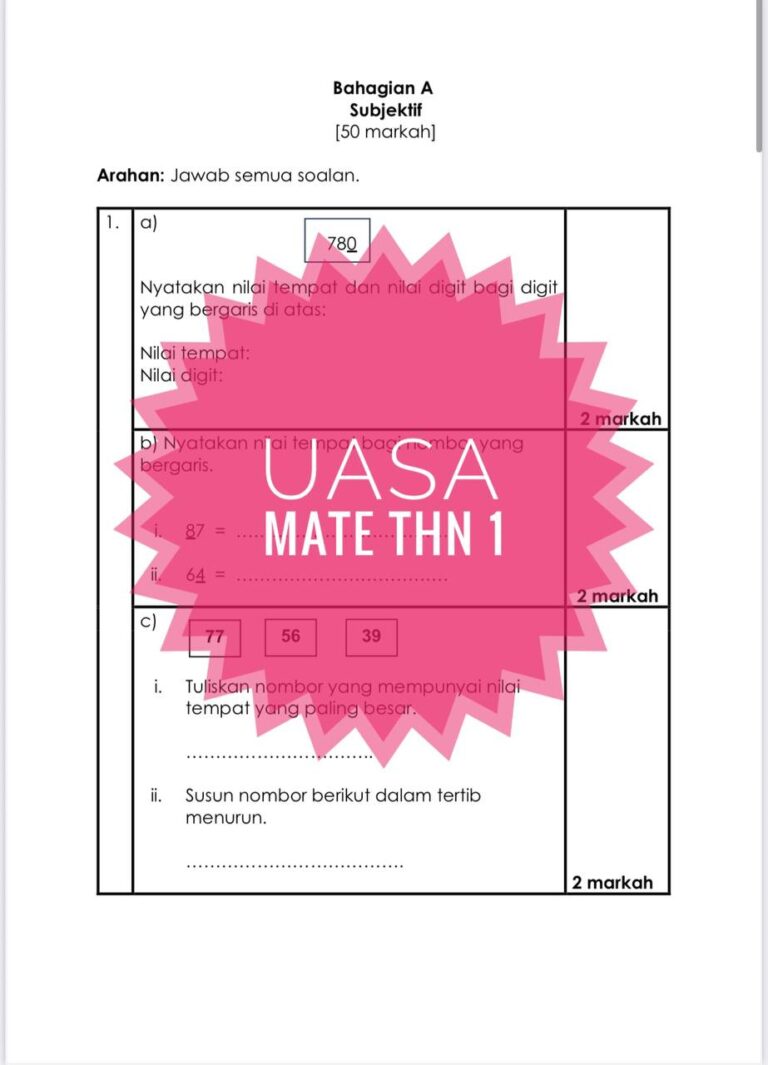 UASA - Matematik Tahun 1 2025 (Set 1 - Soalan + JSU) | Koleksi Soalan ...