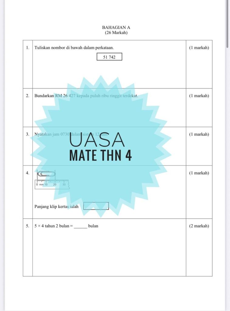 UASA - Matematik Tahun 4 2025/2026 (Set 1B) | Koleksi Soalan, Soalan Matematik Tahun 4, UASA ...