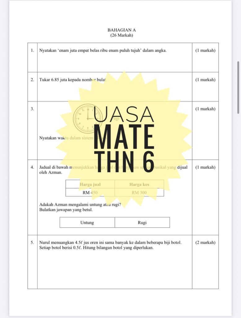 UASA - Matematik Tahun 6 2025/2026 (Set 1B) | Koleksi Soalan, Soalan ...