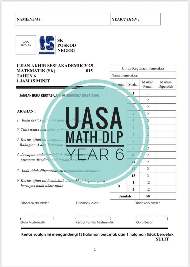 UASA - Mathematics DLP Tahun 6 2025/2026 (Set 2B-JSU) | Soalan ...