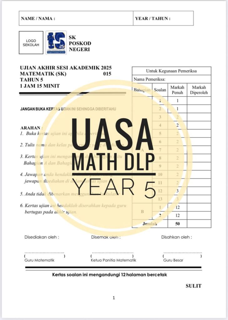 UASA - Mathematics DLP Tahun 5 2025/2026 (Set 2A-JSI+JSU) | Soalan ...
